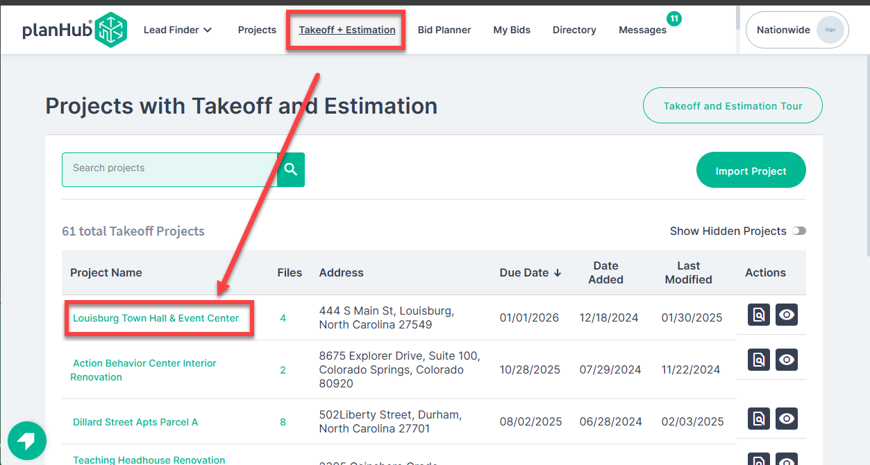 Manage Your Projects on the Takeoff + Estimation Page